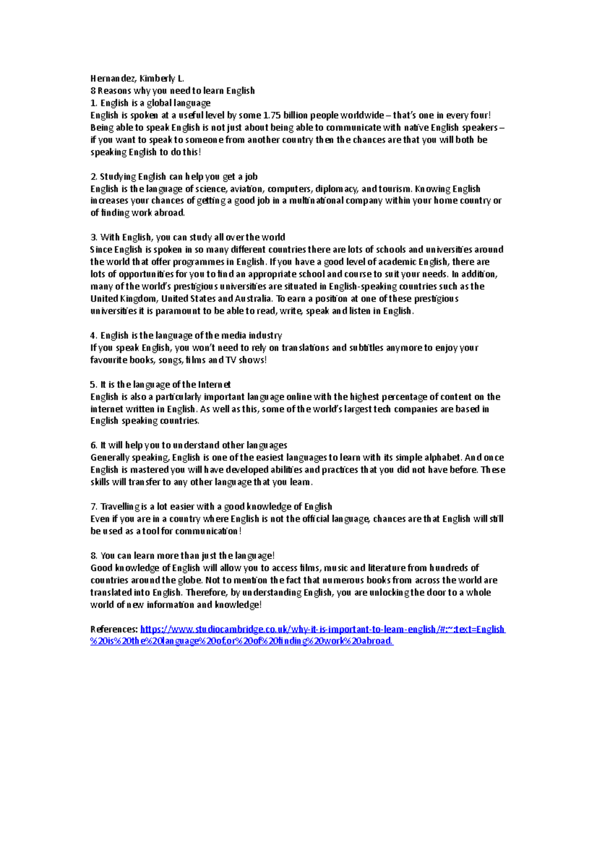 8 Reasons why you need to learn English - Hernandez, Kimberly L. 8 ...