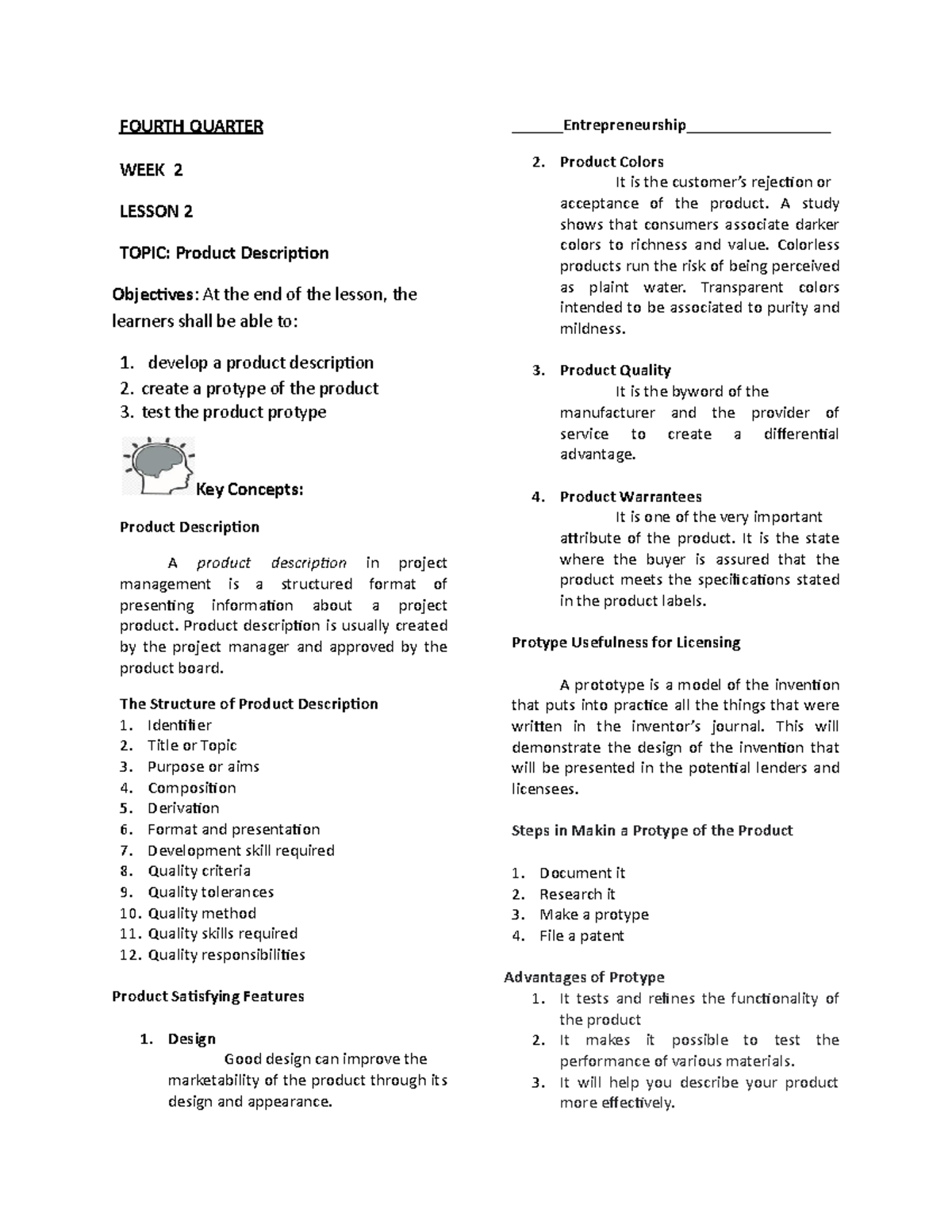 4QWeek 2 . Lesson 2-Entrep - FOURTH QUARTER WEEK 2 LESSON 2 TOPIC ...