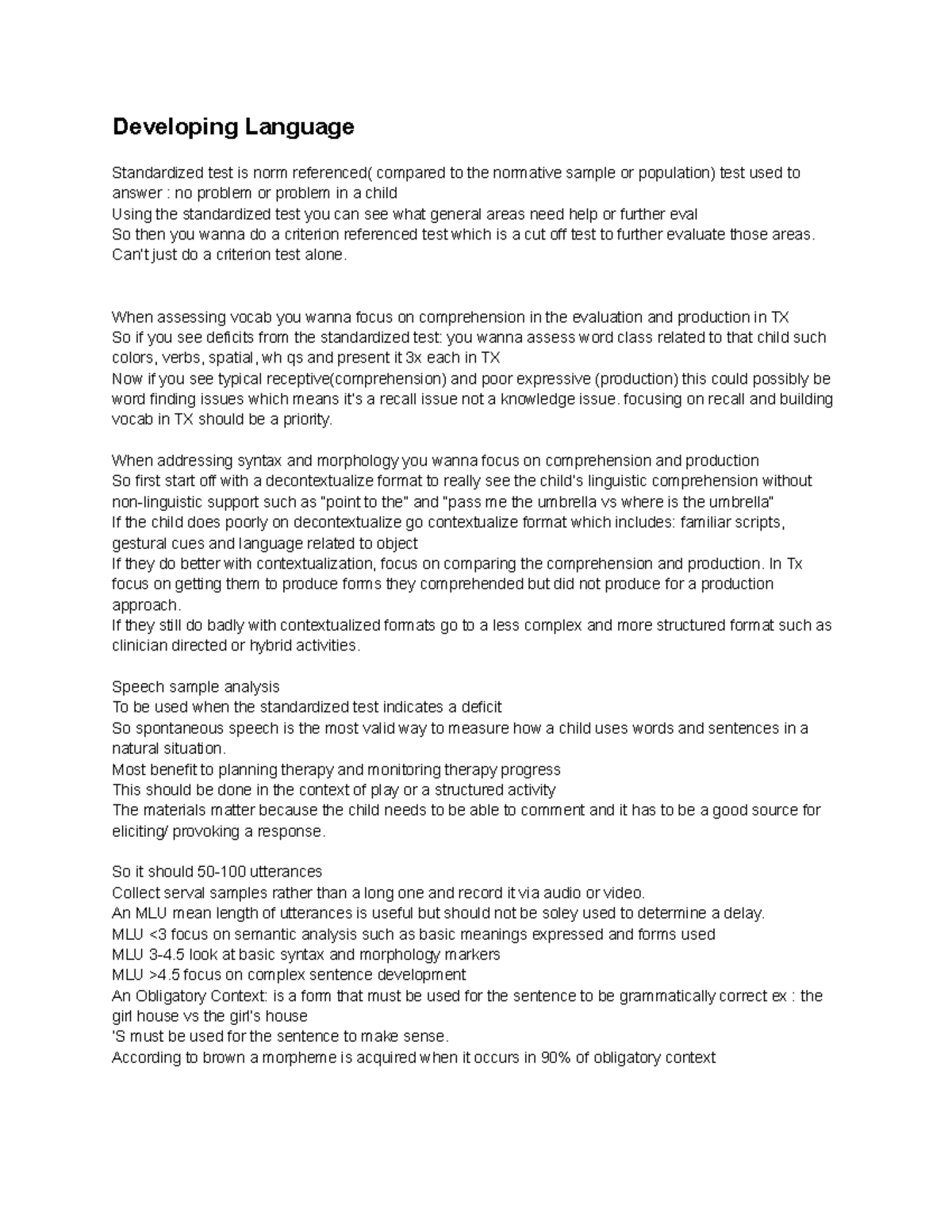 DLD notes - Developing Language Standardized test is norm referenced ...