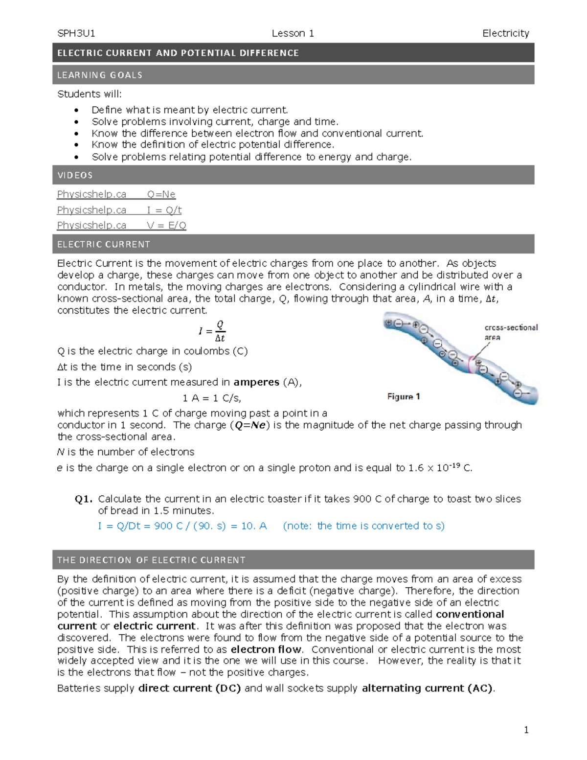 01 - Current-Potential Difference Lecture Notes - ELEC T RI C C URREN T ...