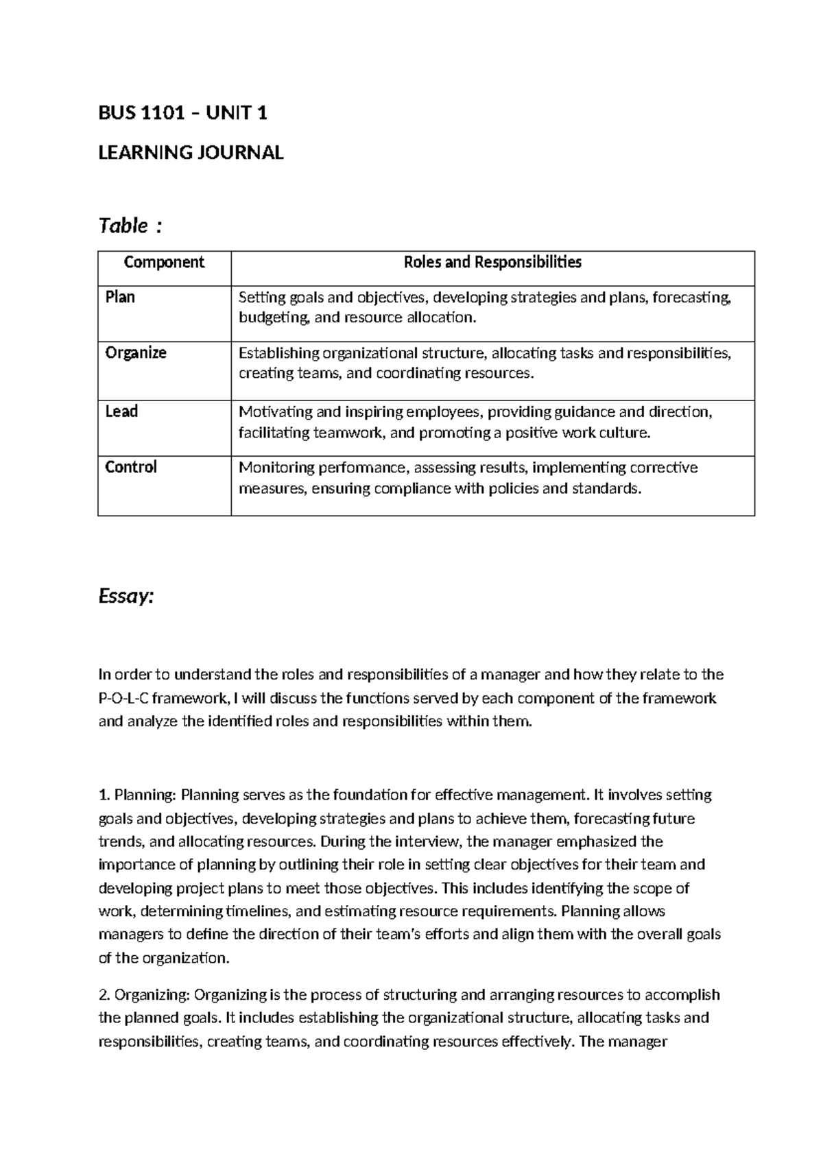 BUS 1101 Unit 1 Learning Journal - BUS 1101 – UNIT 1 LEARNING JOURNAL Table : Component Roles ...
