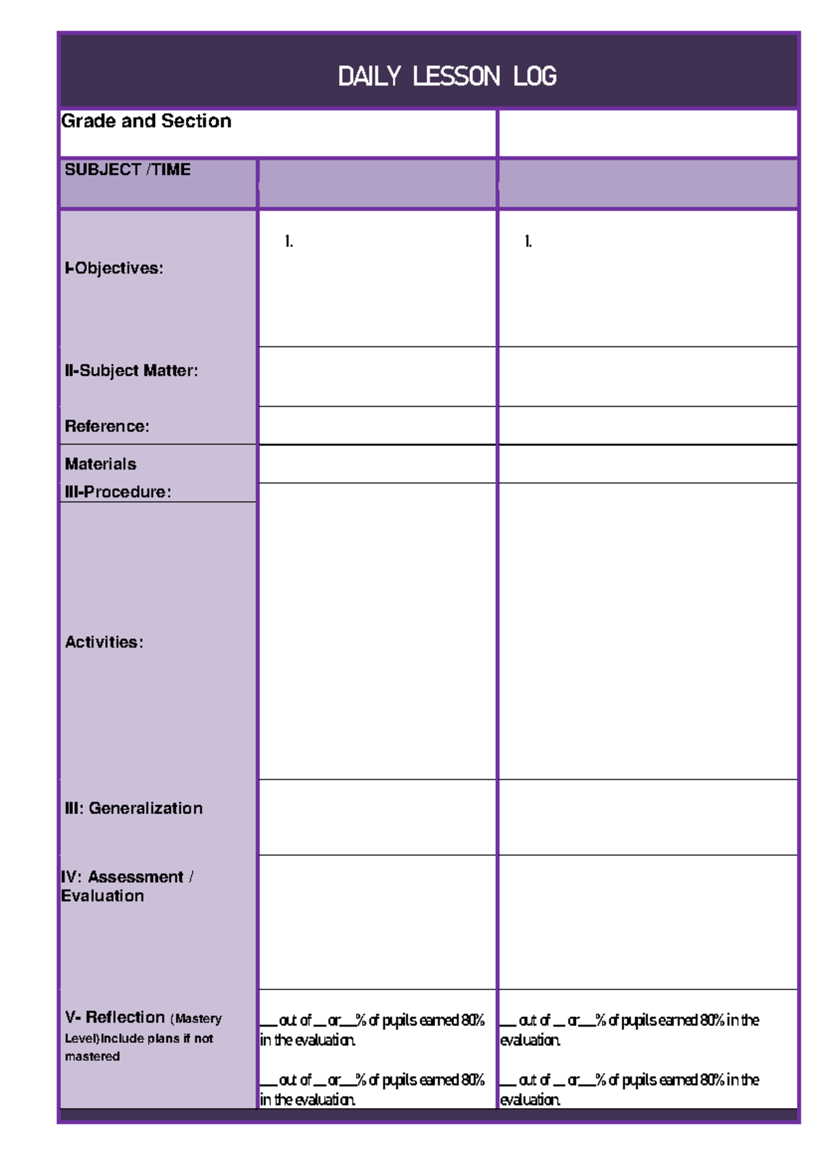 DLL sample Template - DAILY LESSON LOG Grade and Section DATE: October 28 , 2024 SUBJECT /TIME ...
