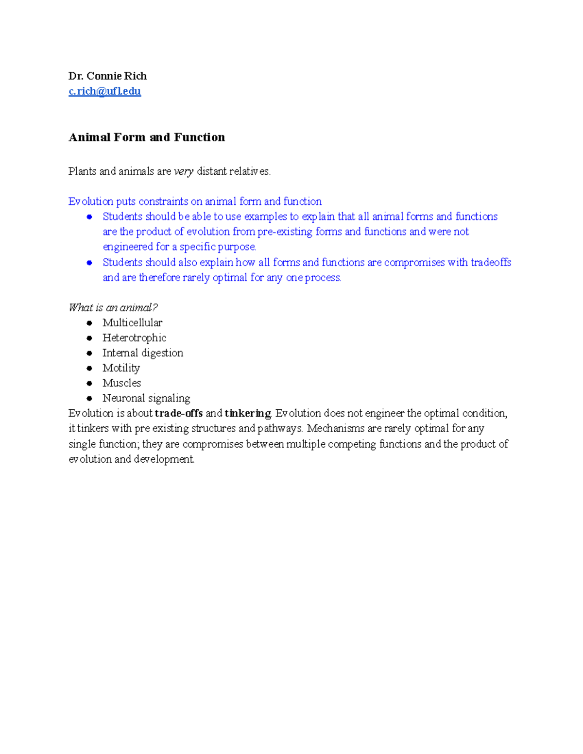 BIO Period 4 Animals Section - Dr. Connie Rich c@ufl Animal Form and ...