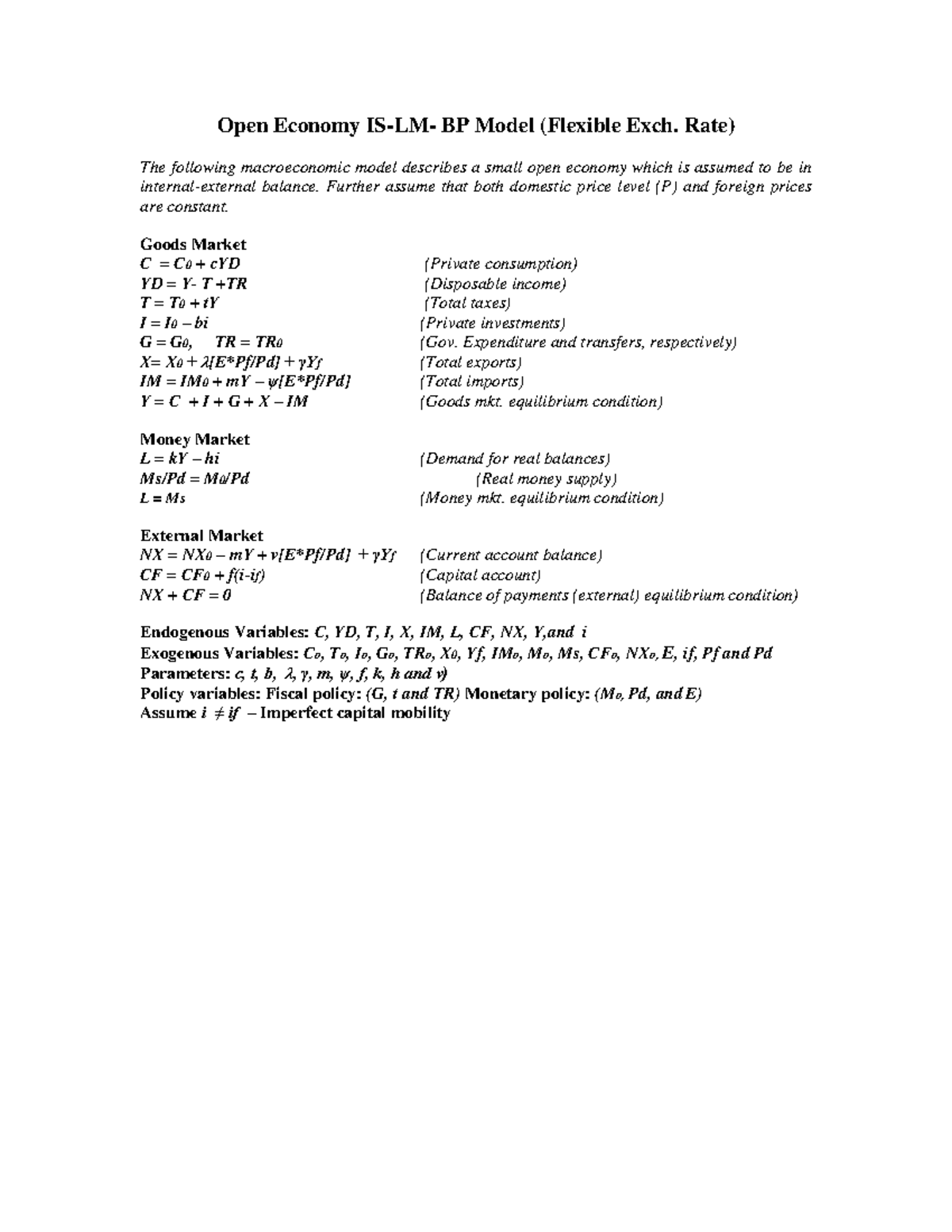 Wk 10 Open Economy IS-LM-BP (Flex Exch. Rate) - Open Economy IS-LM- BP ...