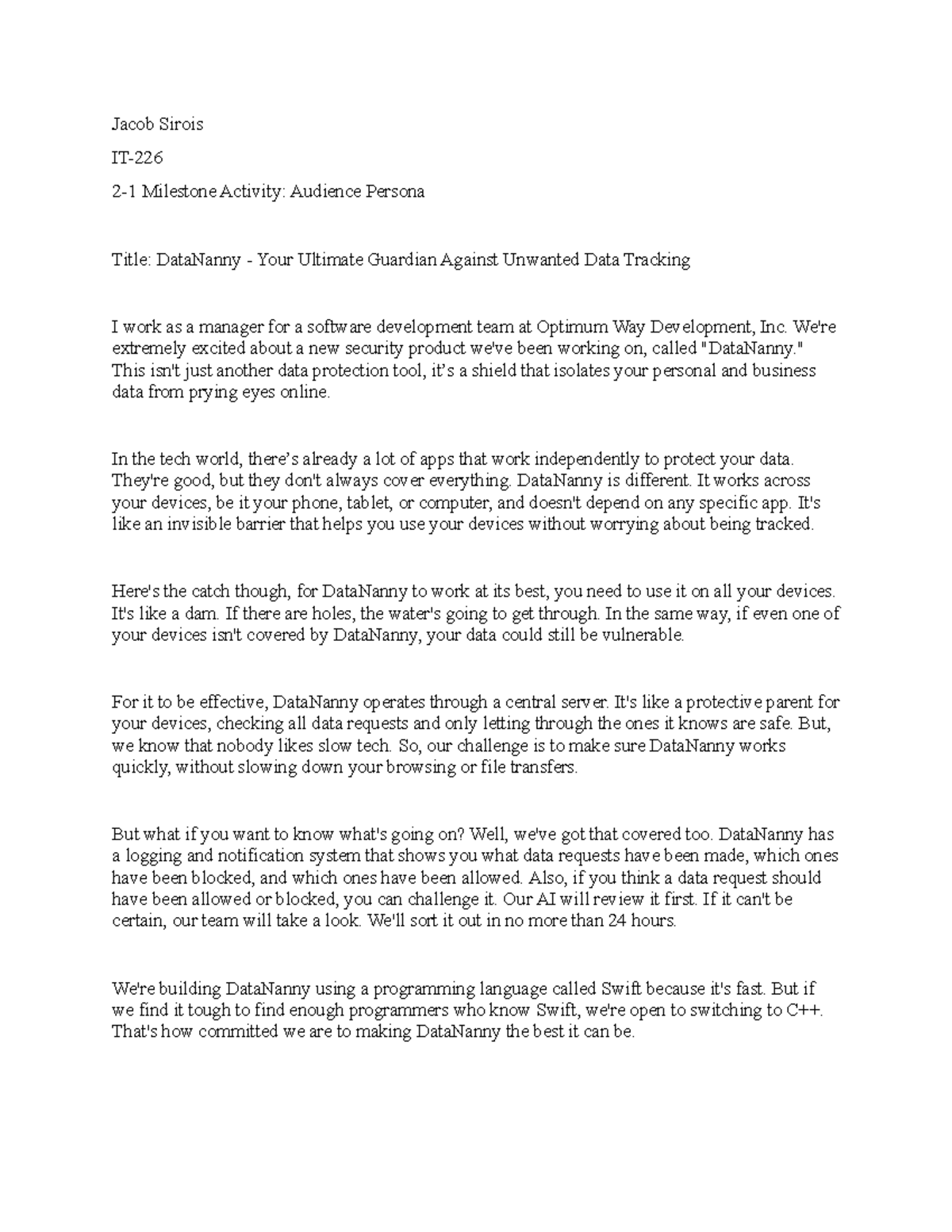 IT-226 2-1 Milestone Activity Audience Persona - Jacob Sirois IT- 2-1 ...