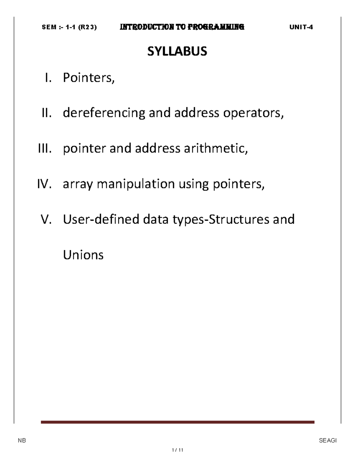 Unit 4 Notes Web D Page 1 Syllabus I Pointers Ii Dereferencing And Address Operators Iii 