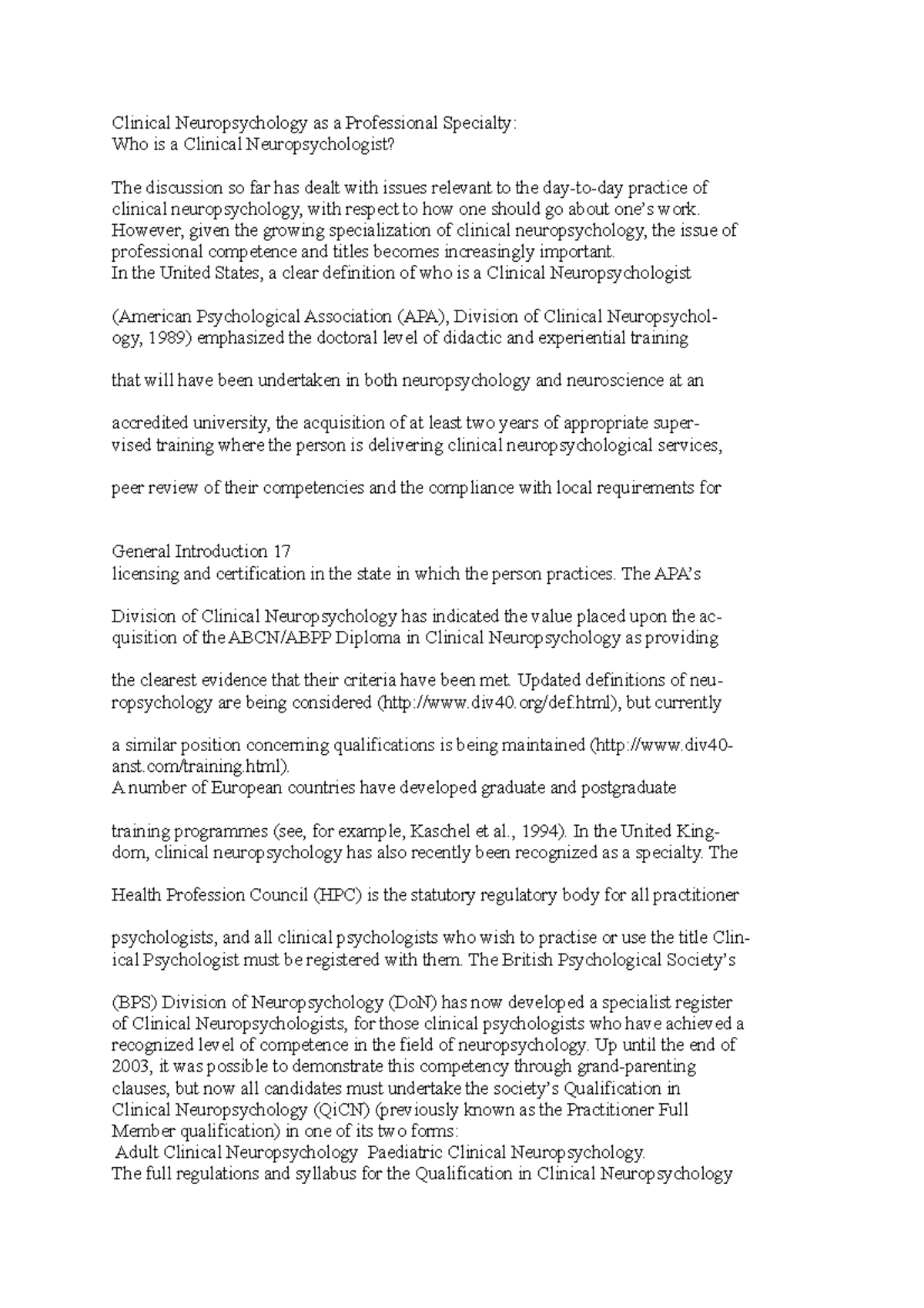 Klinisk psy 6 - Clinical Neuropsychology as a Professional Specialty ...