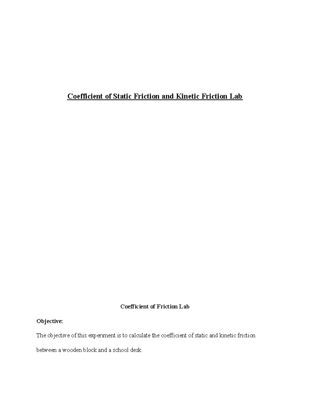 Coefficient of Friction Lab - Coefficient of Static Friction and ...