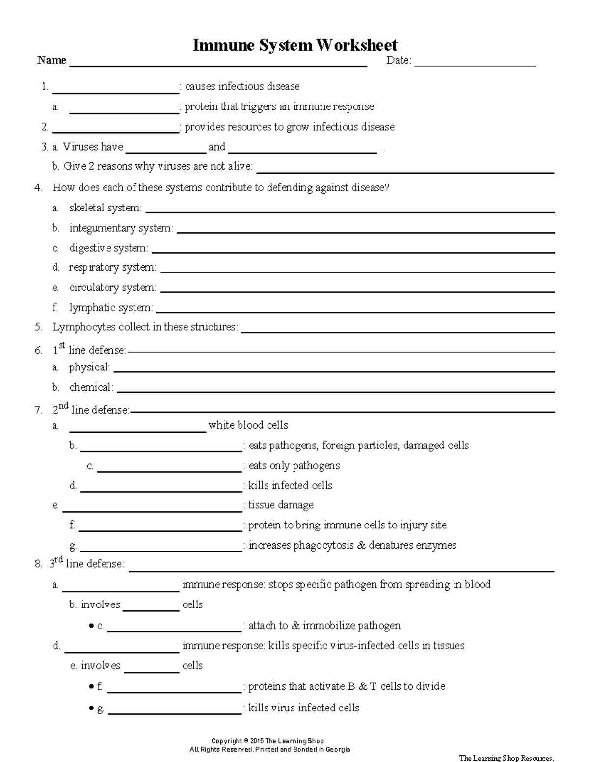 Immune System Worksheet-1 - Copyright © 2015 The Learning Shop All ...