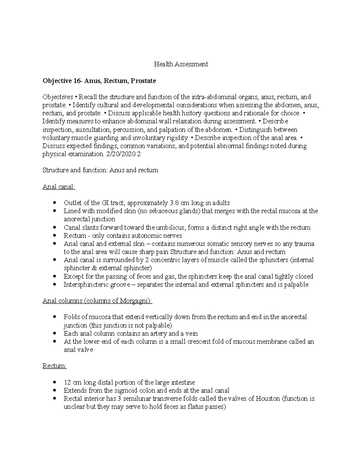 Health Assessment - Health Assessment Objective 16- Anus, Rectum ...