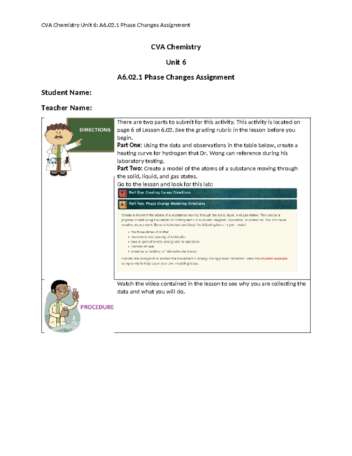 A6.02.1 Phase Changes Assignment - CVA Chemistry Unit 6: A6.02 Phase Changes Assignment CVA ...