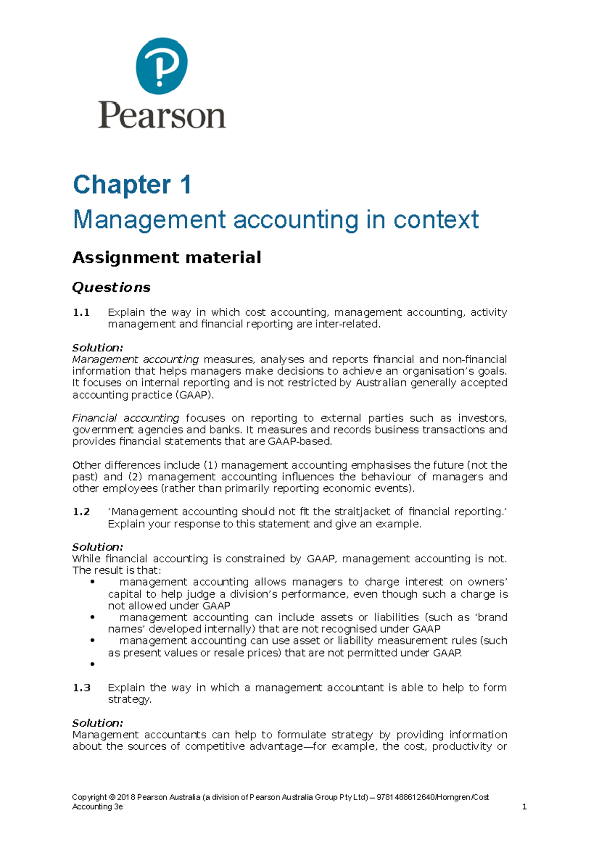 Chapter 1 theroy mostly - Chapter 1 Management accounting in context Assignment material ...