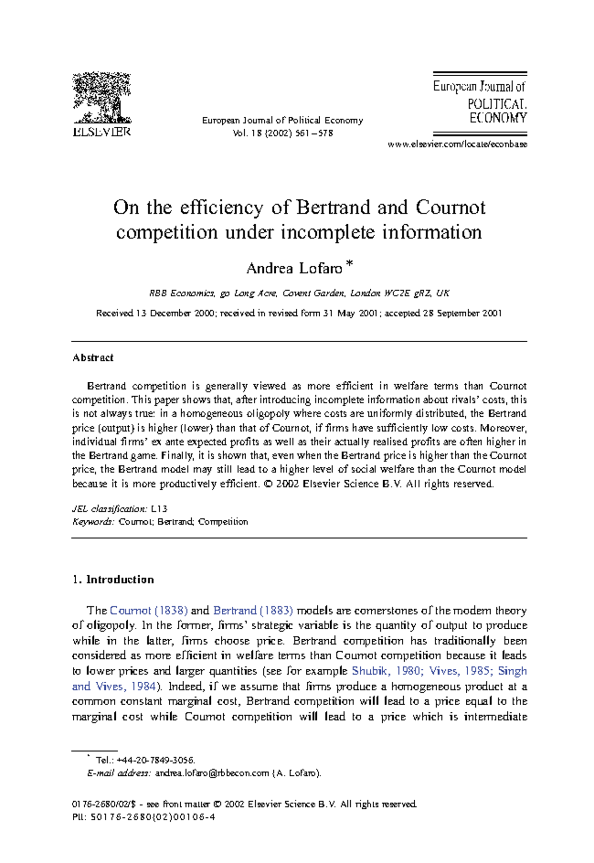 Bertrend and cournot - It is helpful to learn Bertrand - On the ...