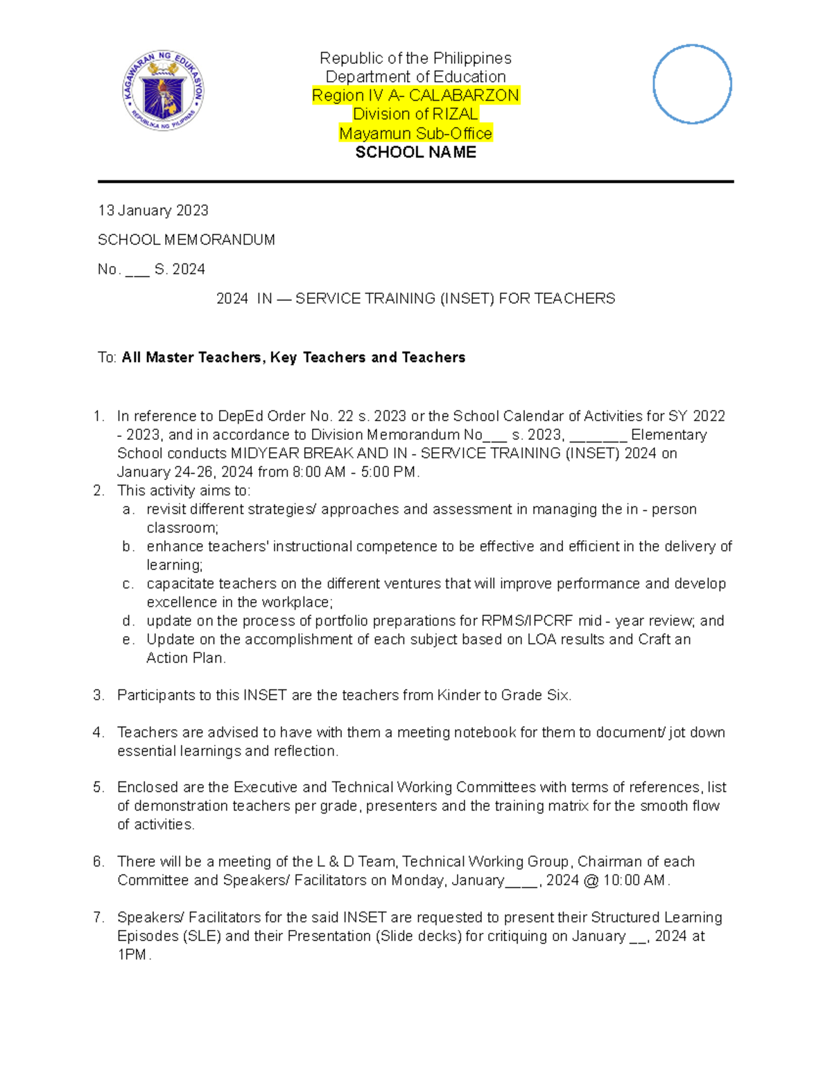 Sample MEMO Inset - Republic of the Philippines Department of Education ...