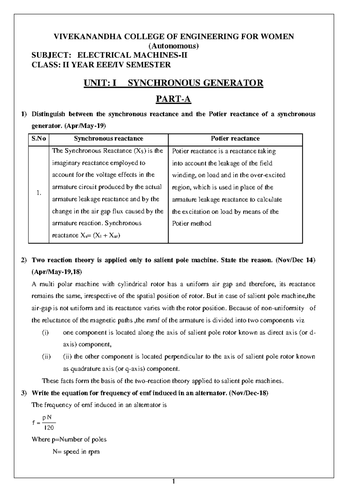 Unit I EM-II - ELECTRICAL MACHINES-II UNIT-I -PART A and PART-B ...