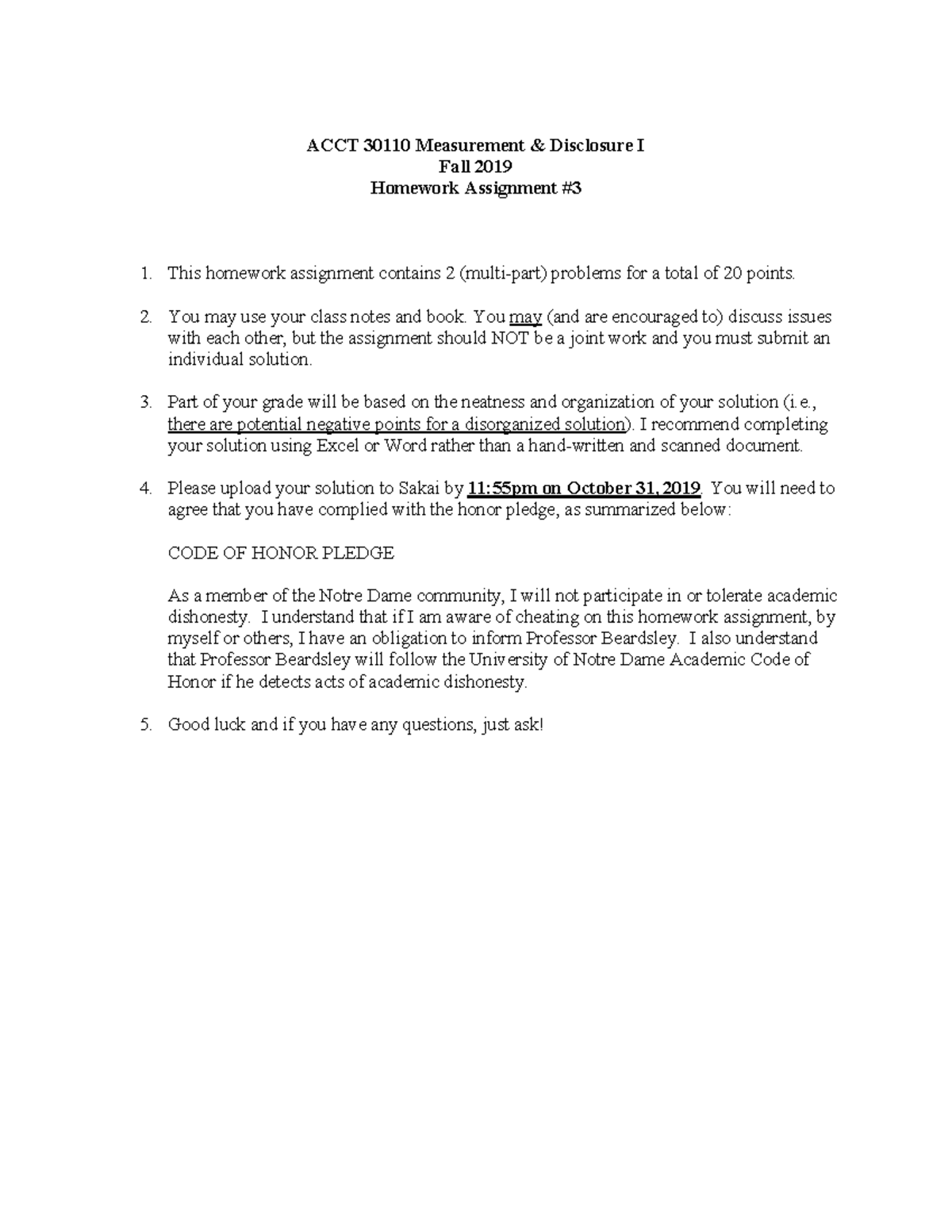 Homework 3 Fall 2019 - Dr. Beardsley - ACCT 30110 Measurement ...