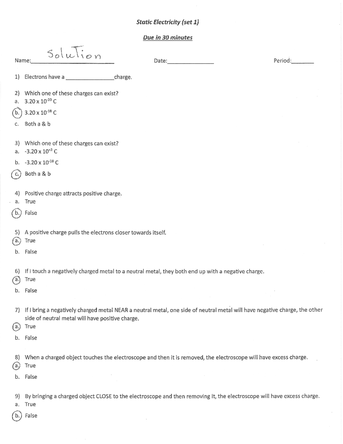Static Electricity Set 1 Solution - Static Electricity (set 1) Due in ...