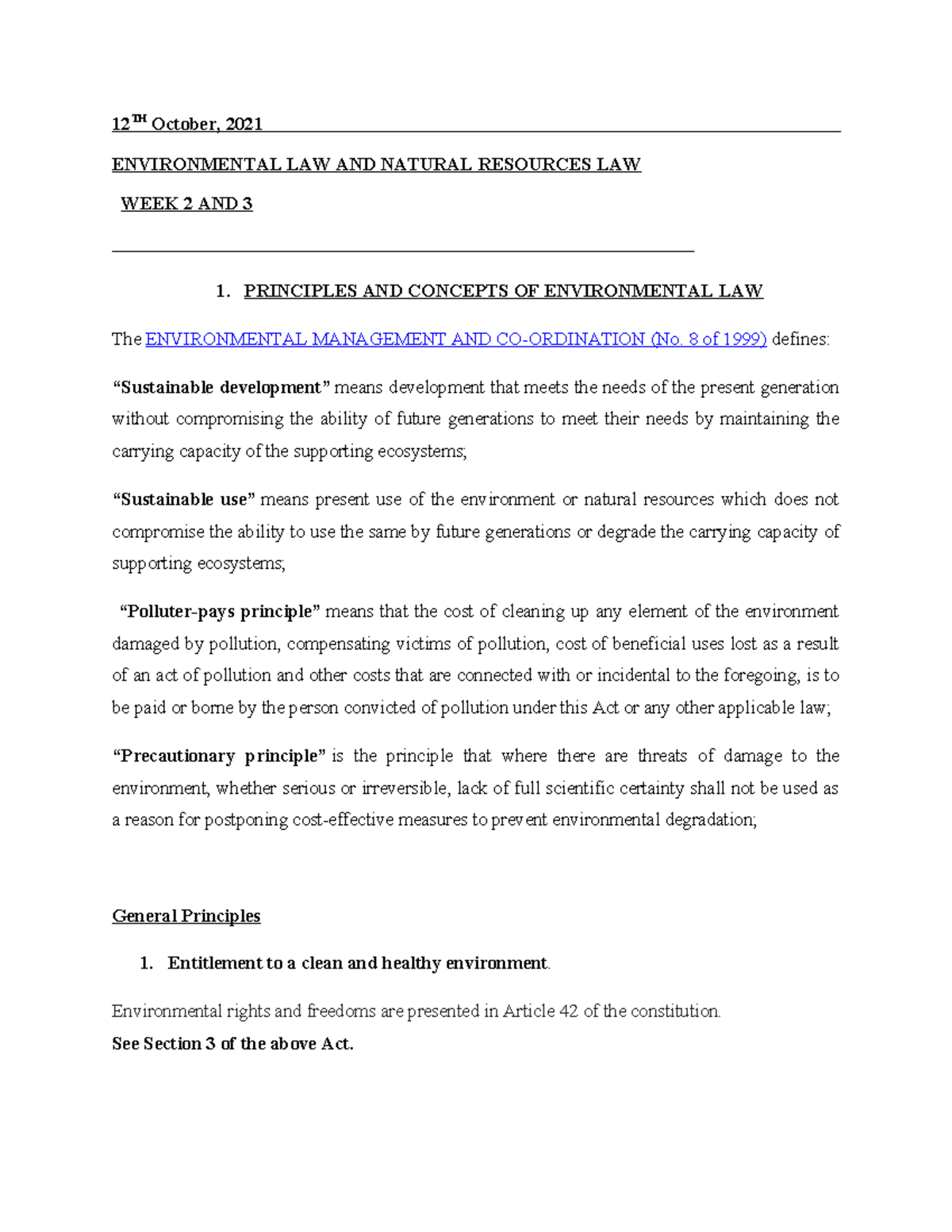 Environmental LAW Class 2 AND 3-1 - 12 TH October, 2021 ENVIRONMENTAL ...