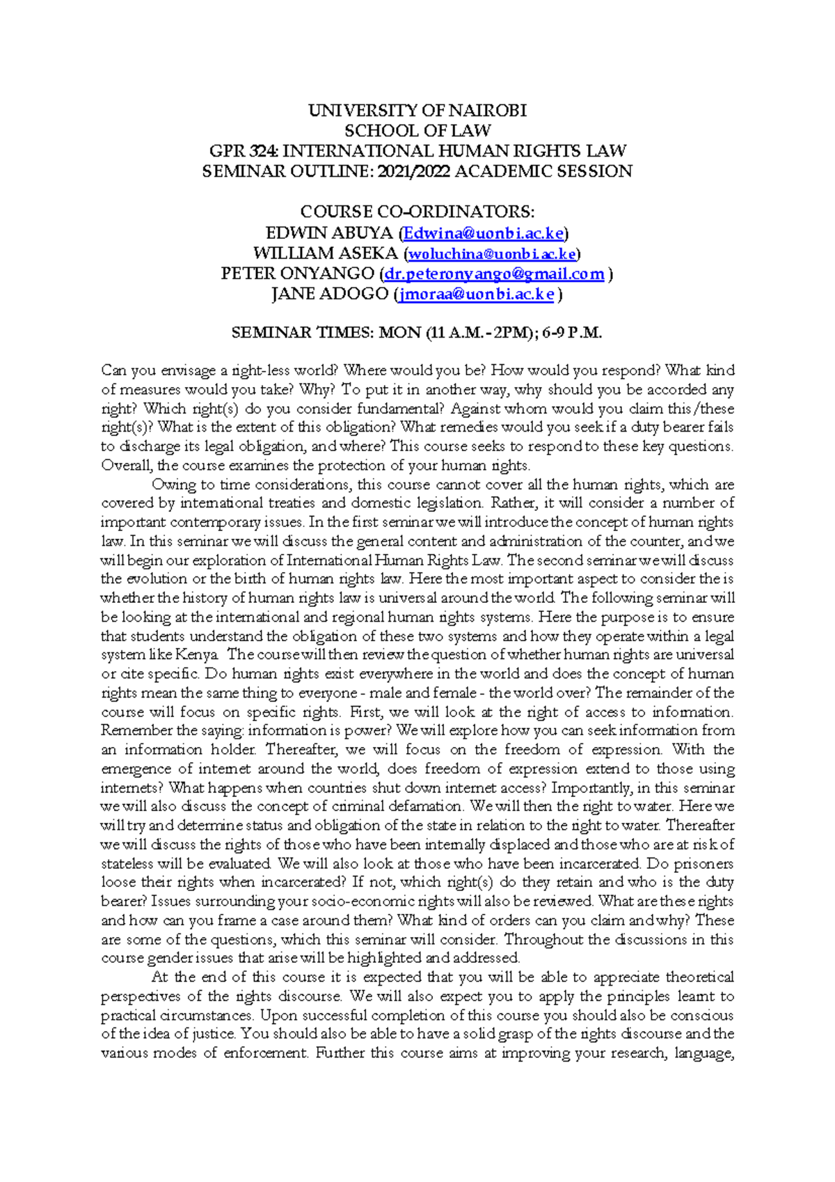 Course Outline on IHRL 2022 - UNIVERSITY OF NAIROBI SCHOOL OF LAW GPR ...