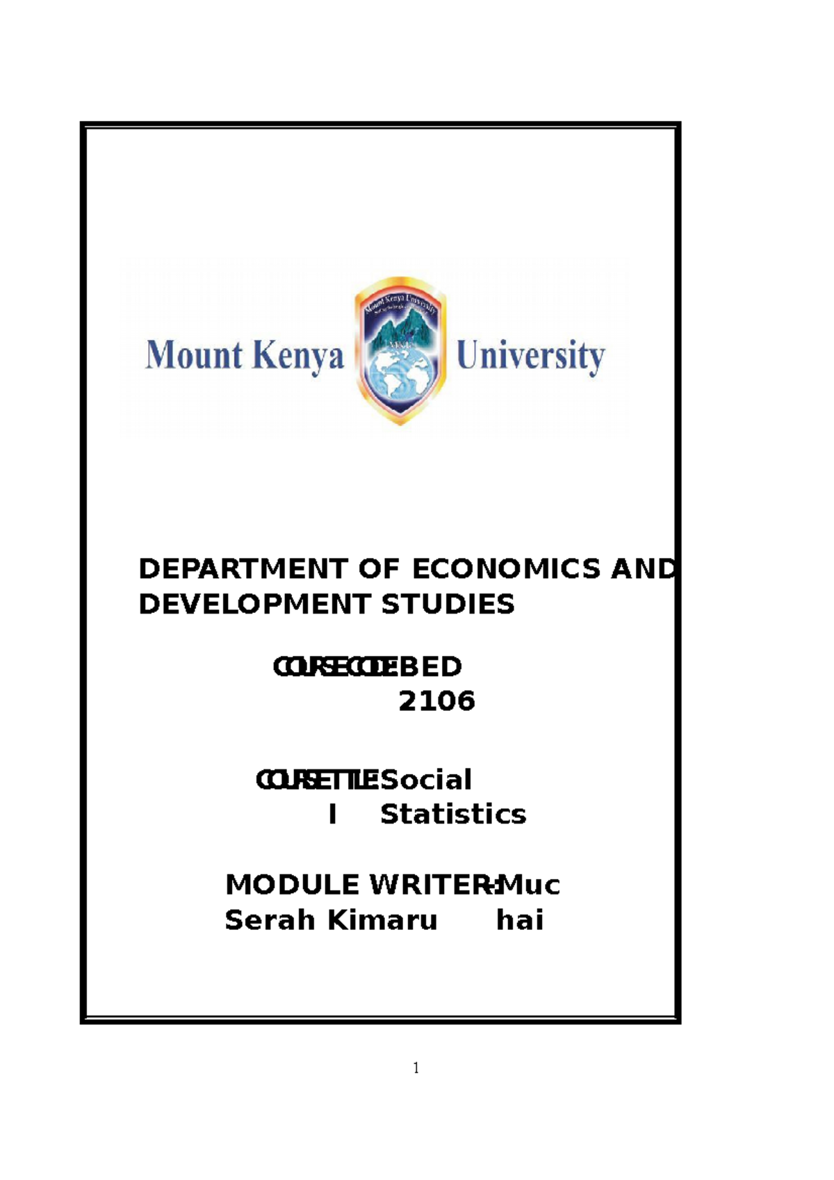 BED 2106 Social Statistics - DEPARTMENT OF ECONOMICS AND DEVELOPMENT ...