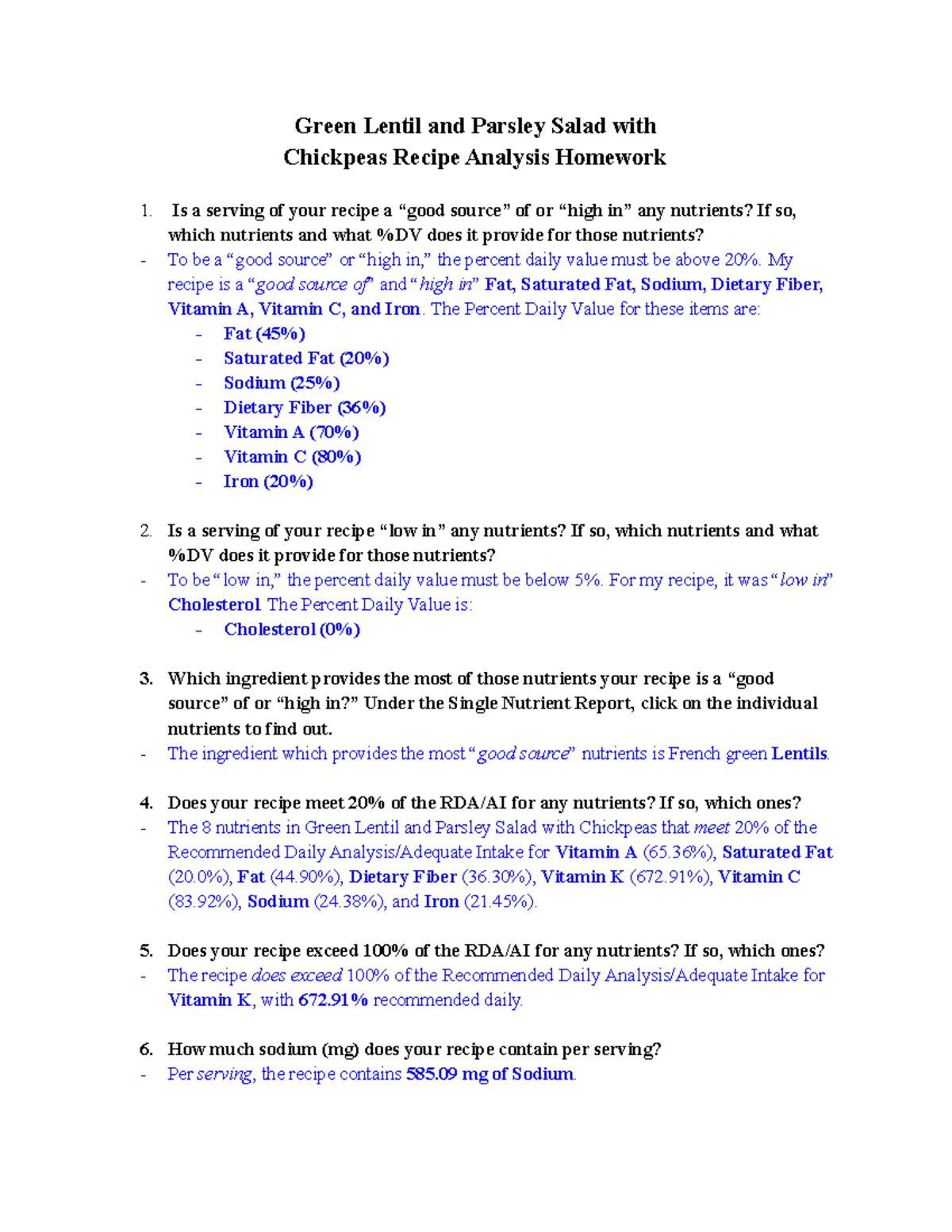 Recipe Analysis Homework - Nutrition - ESHA - Green Lentil and Parsley ...