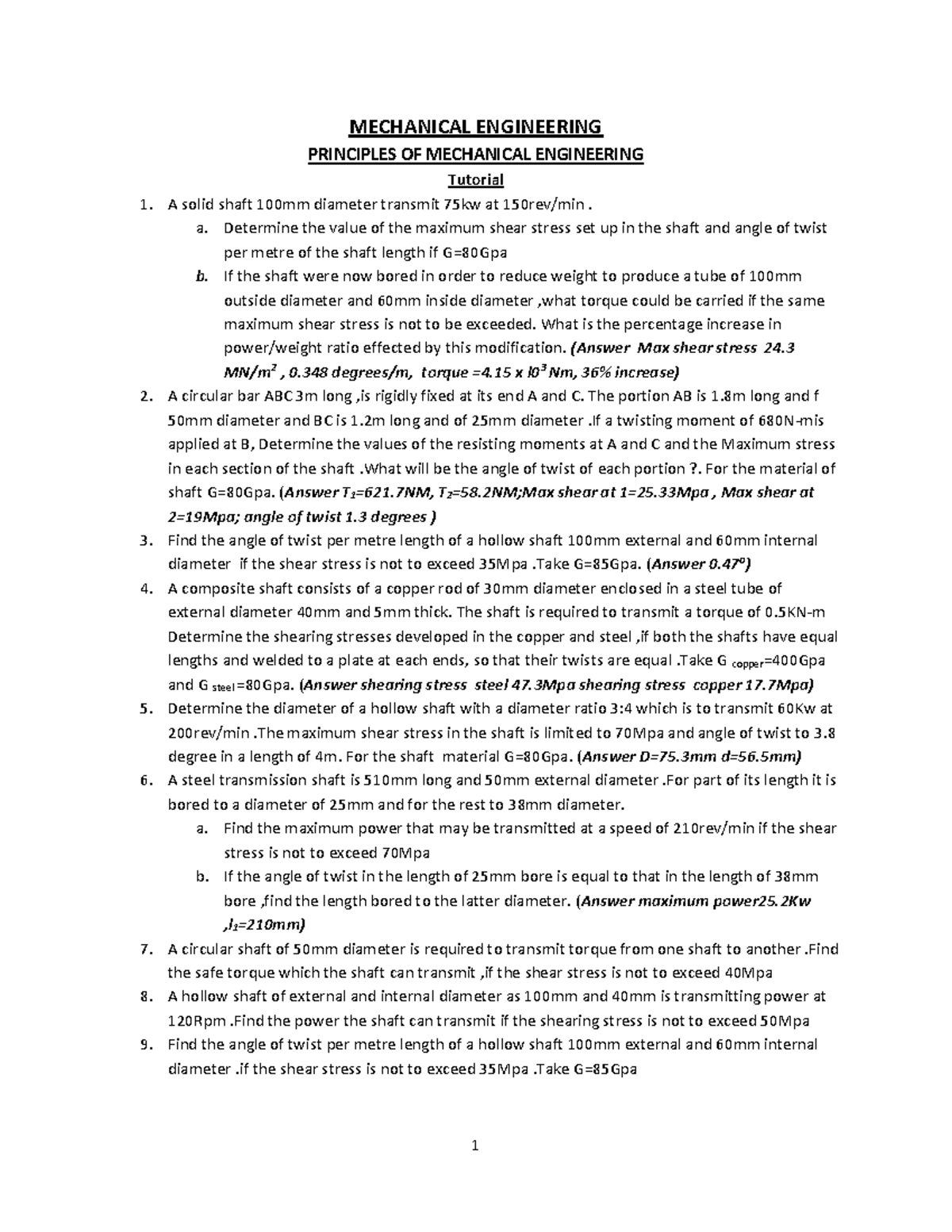 Principle of mechanical engineering torsional tutorial-1 - 1 MECHANICAL ENGINEERING PRINCIPLES ...