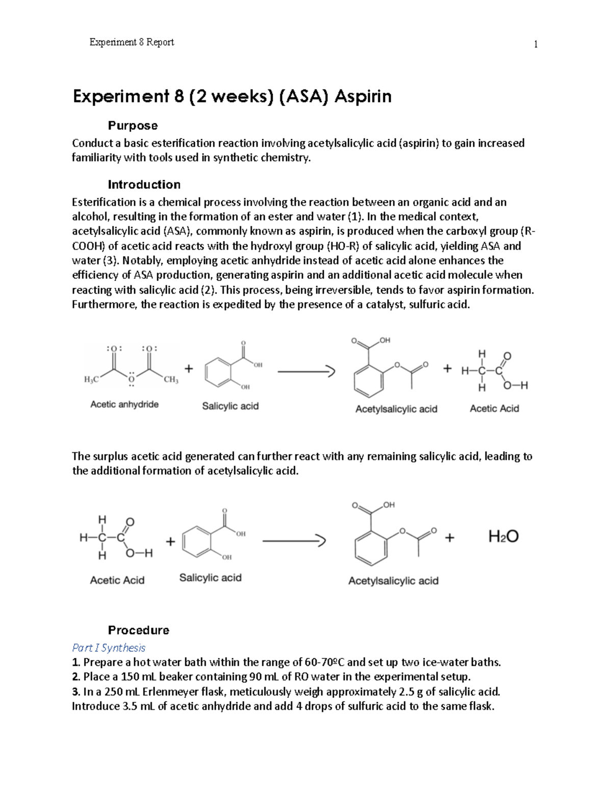 AspirinLabfall2023 - Experiment 8 (2 weeks) (ASA) Aspirin Purpose ...