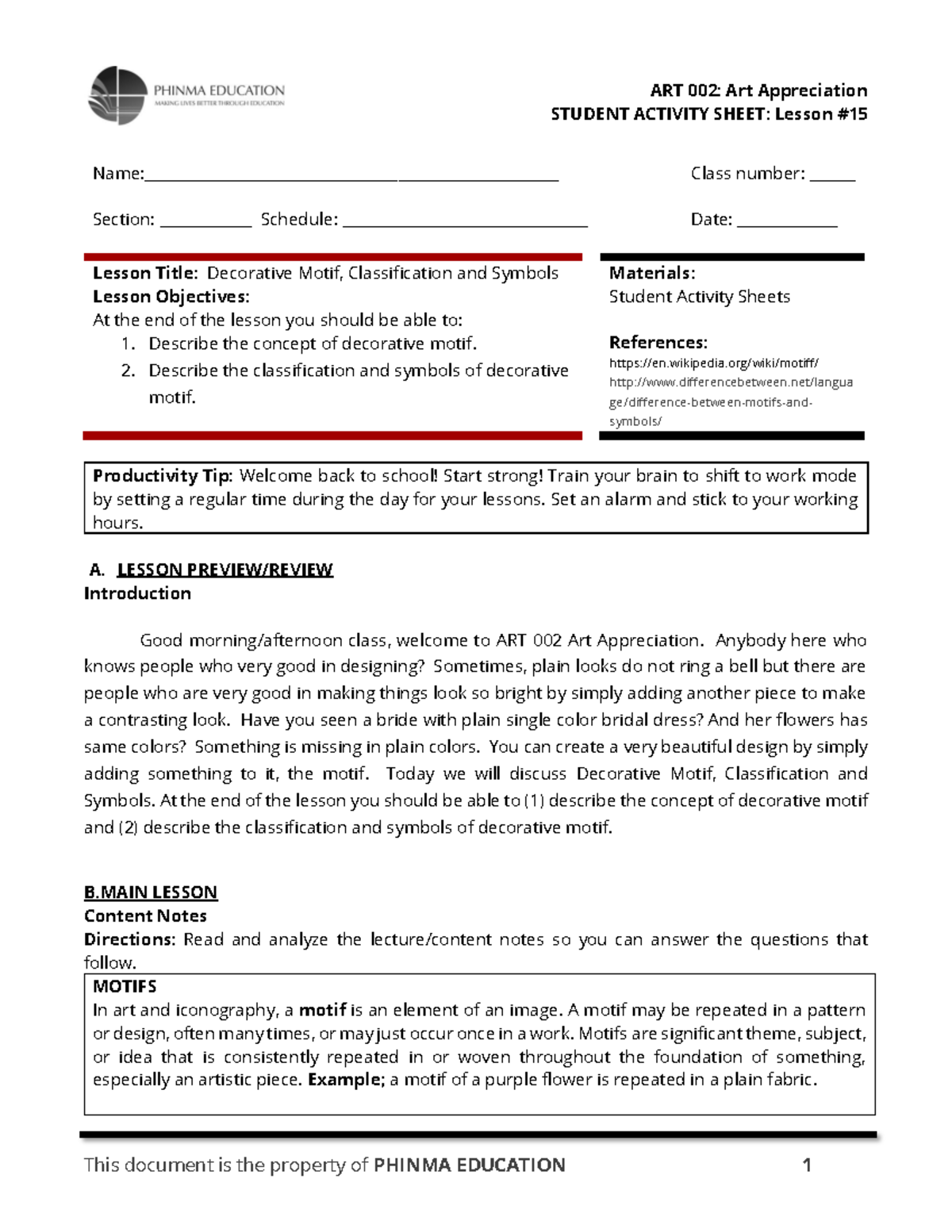 ART 002- Lesson 15 SAS - Education - STUDENT ACTIVITY SHEET: Lesson ...
