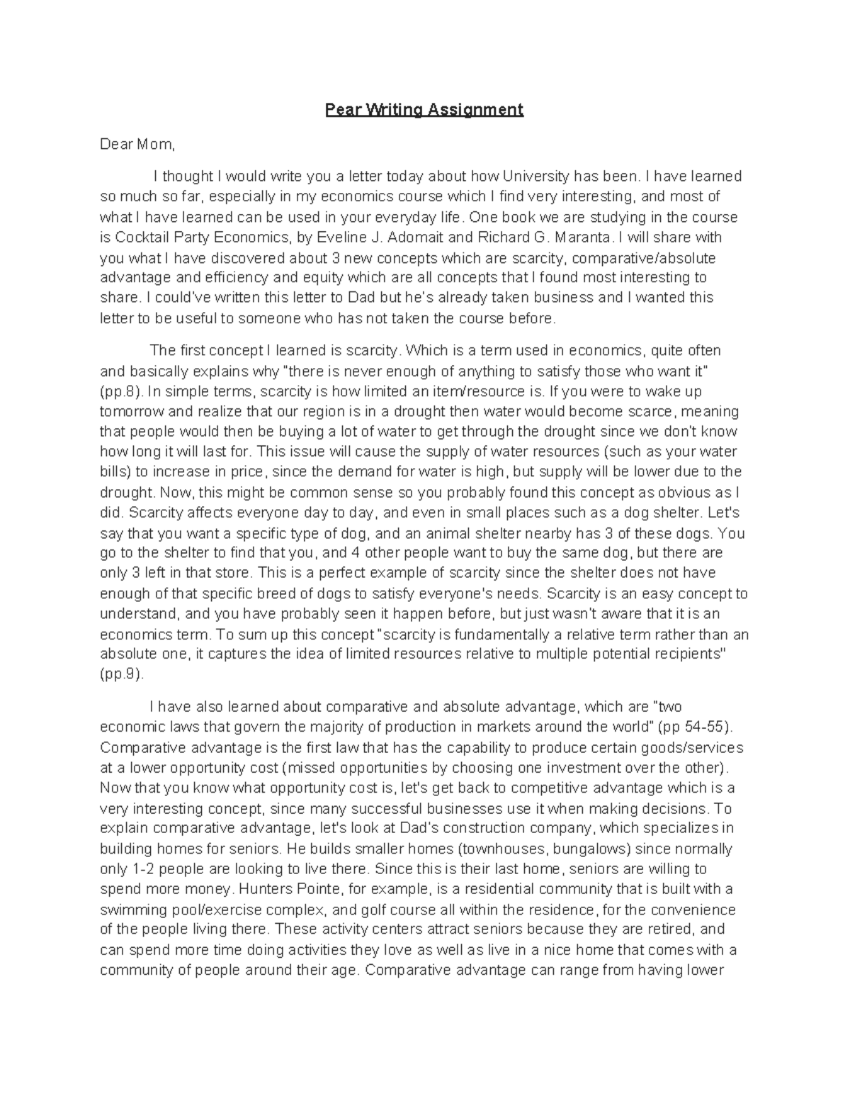 Pear Writing Assignment (1) - Pear Writing Assignment Dear Mom, I ...