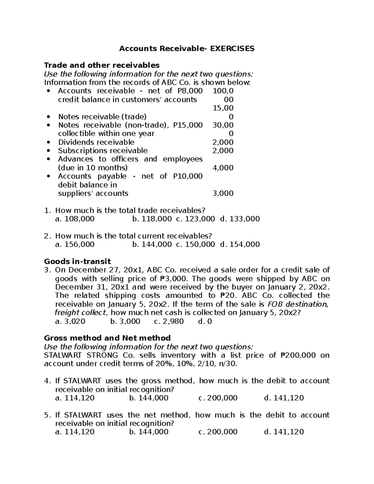 Accounts Receivable Exercises - Accounts Receivable- EXERCISES Trade ...