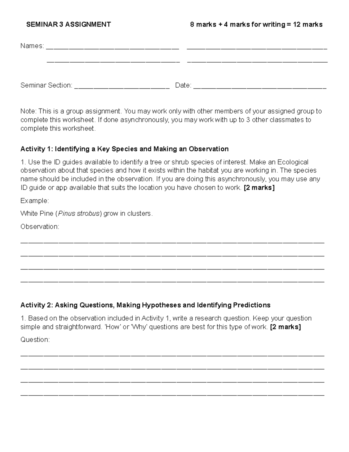BIOL 1070 Seminar 3 Worksheet 1 - SEMINAR 3 ASSIGNMENT 8 marks + 4 ...