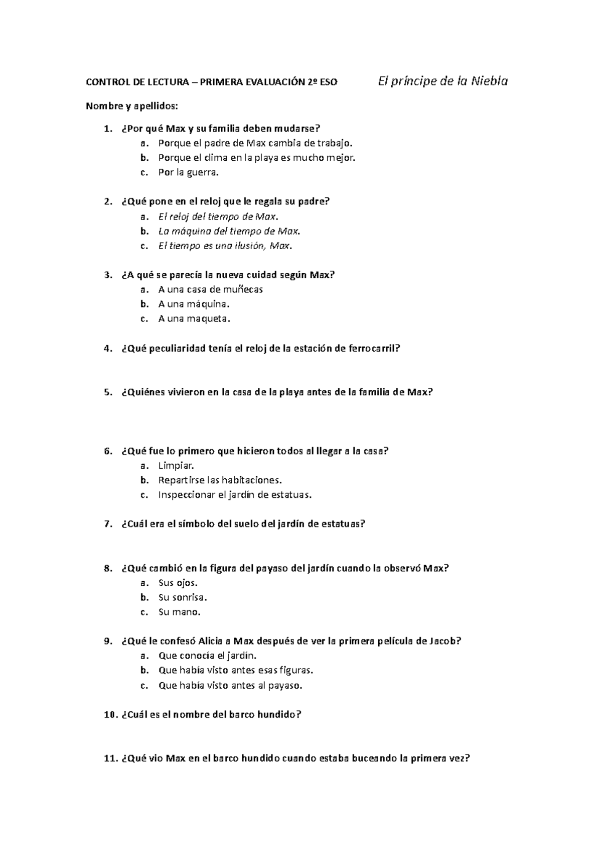 El príncipe de la Niebla - CONTROL DE LECTURA – PRIMERA EVALUACIÓN 2º ...