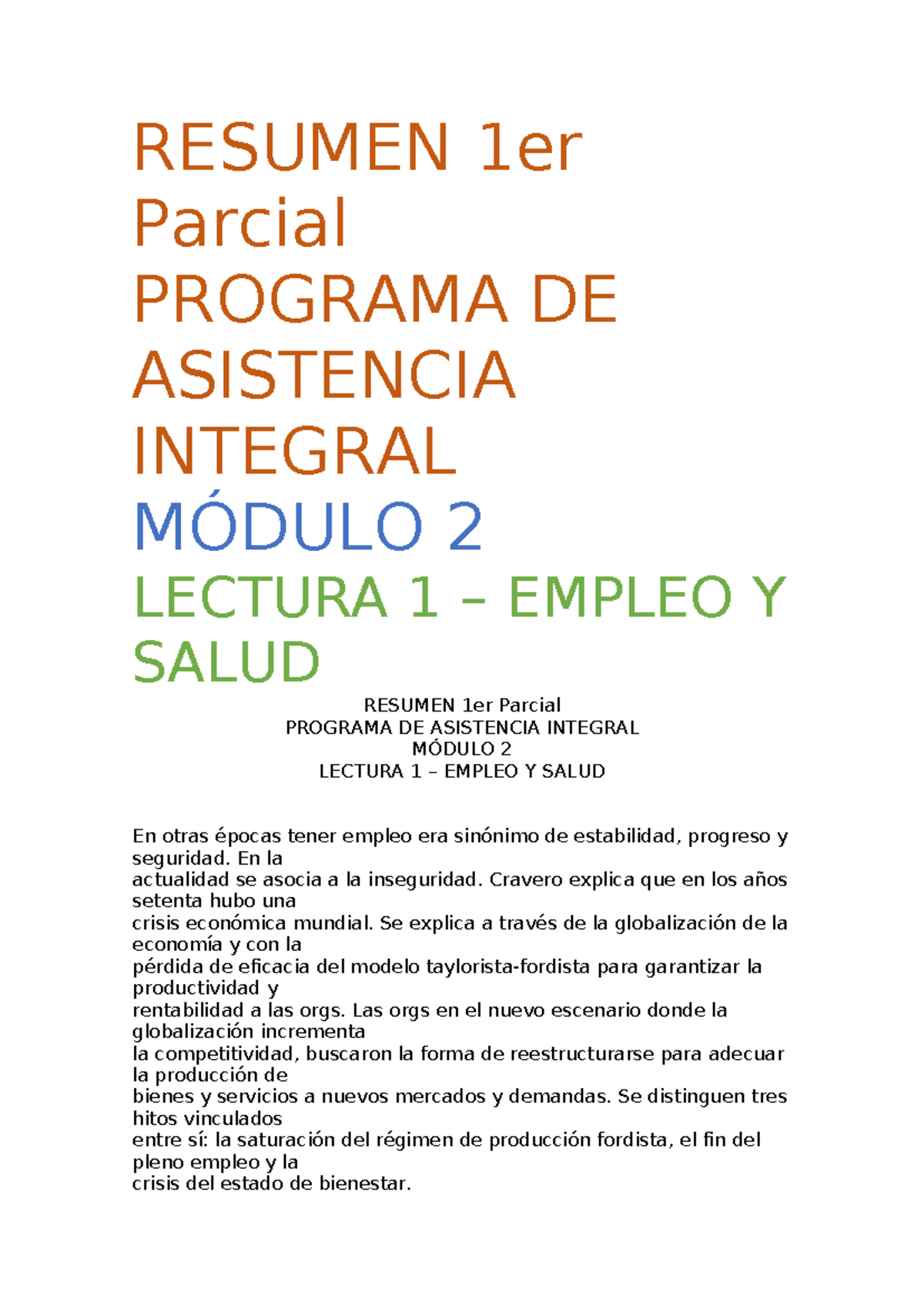 Resumen 1er Parcial - RESUMEN 1er Parcial PROGRAMA DE ASISTENCIA INTEGRAL MÓDULO 2 LECTURA 1 ...