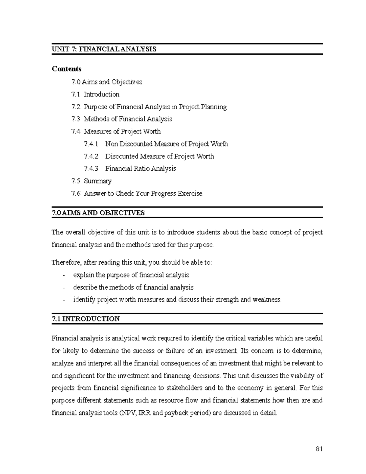 UNIT 7 - project management unit 7 - UNIT 7: FINANCIAL ANALYSIS ...