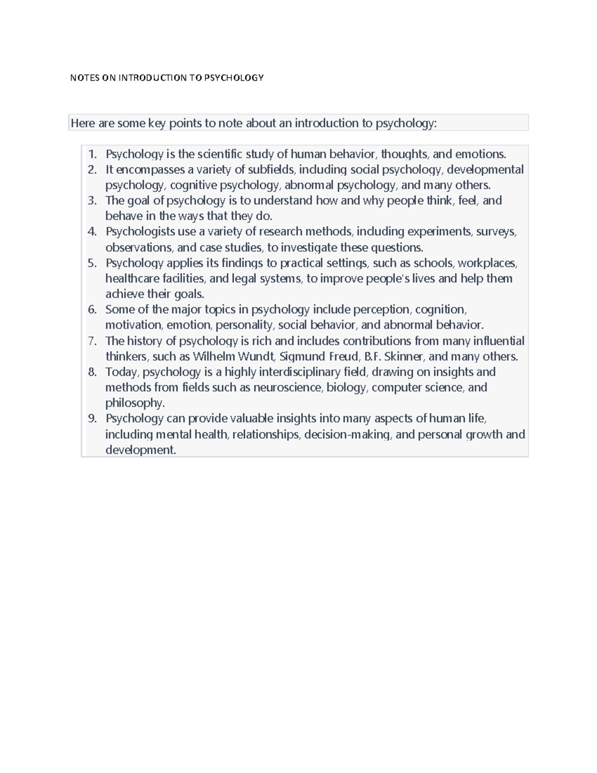 Intro - notes. - NOTES ON INTRODUCTION TO PSYCHOLOGY Here are some key ...
