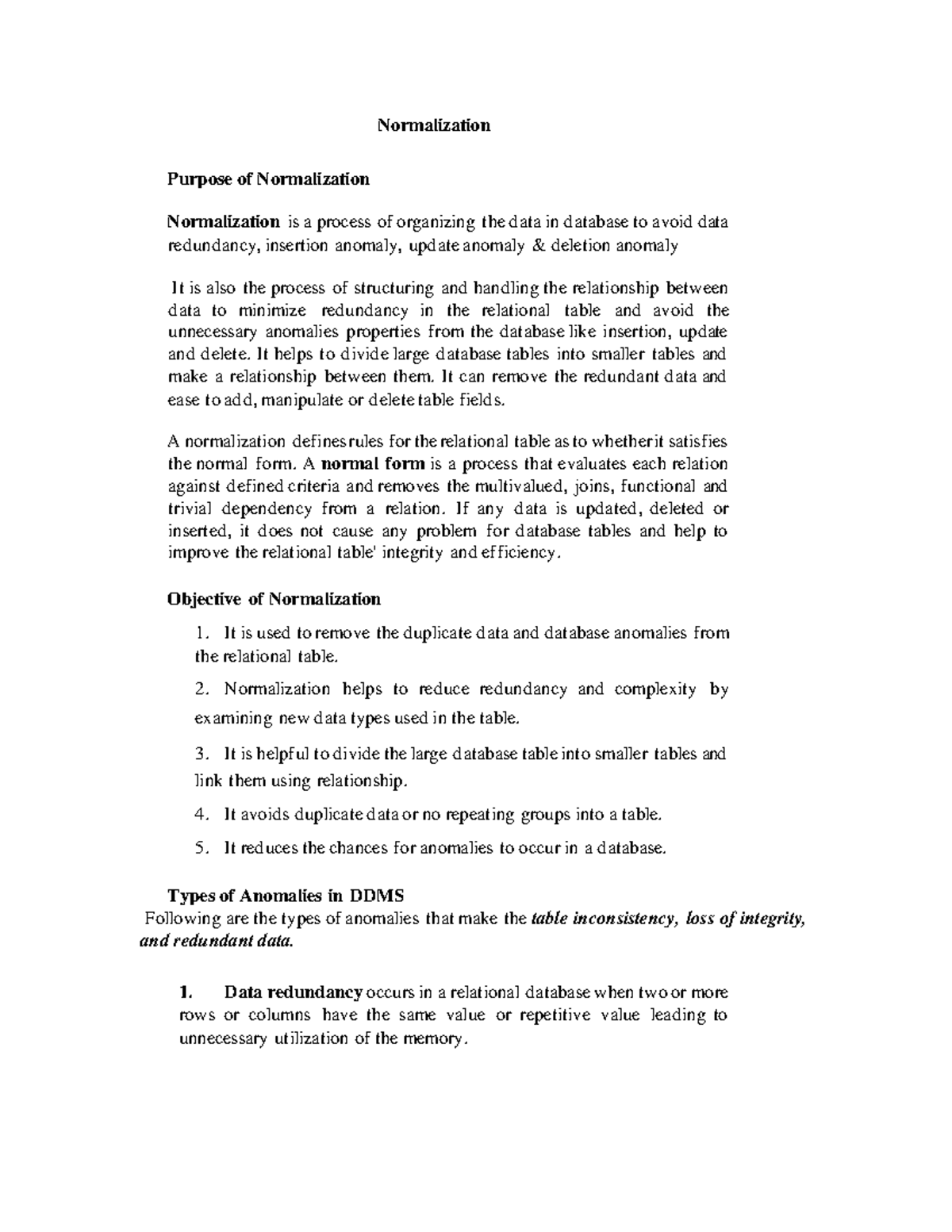 Normalization - Content - Normalization Purpose of Normalization Normalization is a process of ...