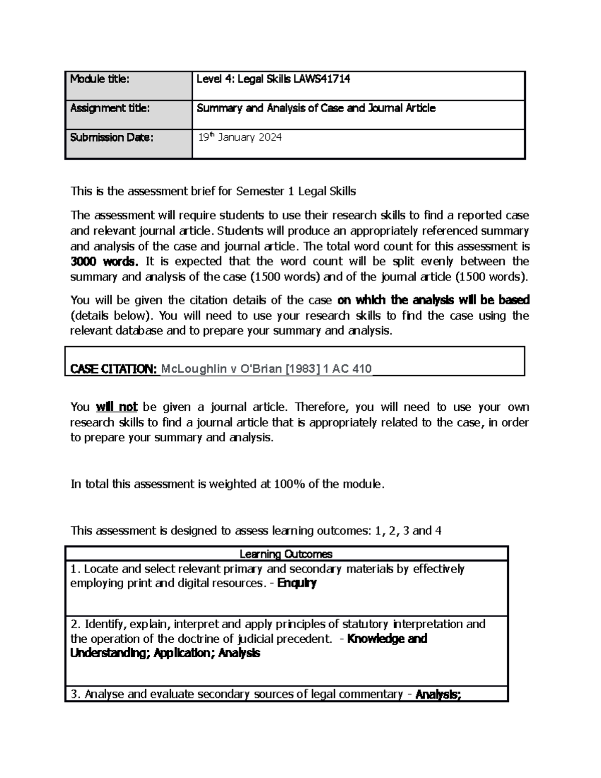 Assessment brief L4 Legal Skills -Jan 2024 - Module title: Level 4 ...