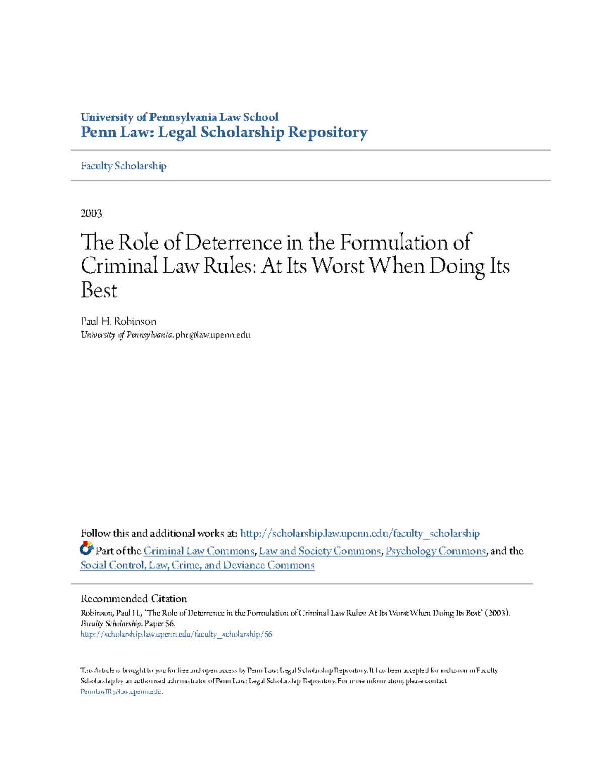 The Role of Deterrence in the Formulation of Criminal Law Rules -1 ...