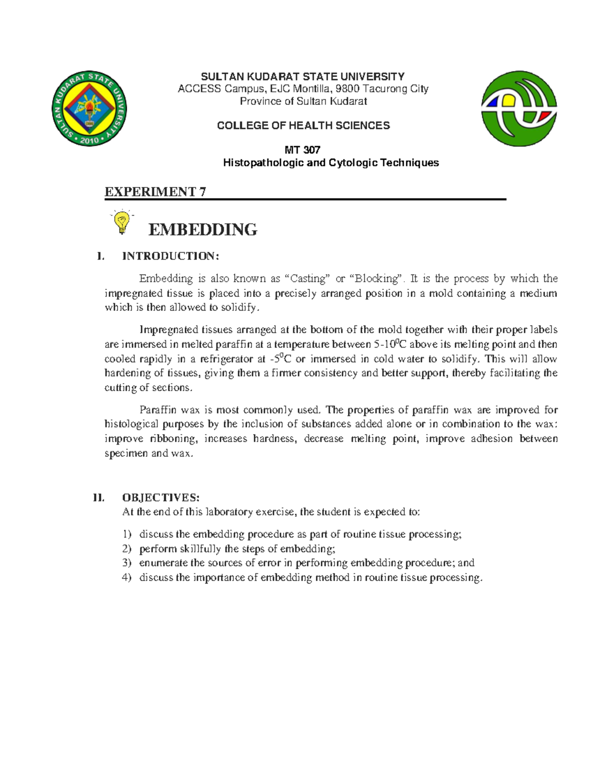 Histopath EXP 7 Embedding - SULTAN KUDARAT STATE UNIVERSITY ACCESS ...