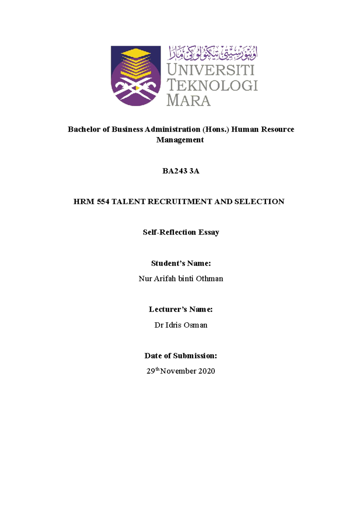 SELF- Reflection Essay - Bachelor of Business Administration (Hons ...