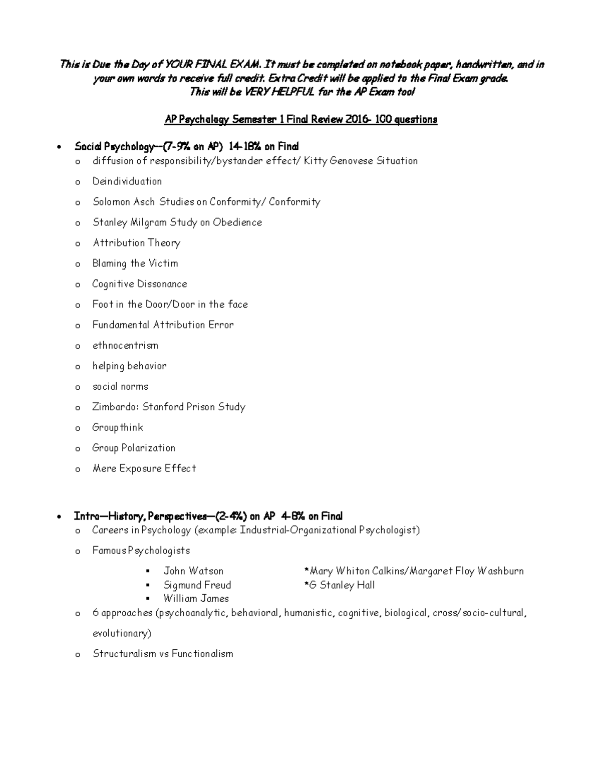 AP+Psychology+Semester+1+Final+Review - This is Due the Day of YOUR ...