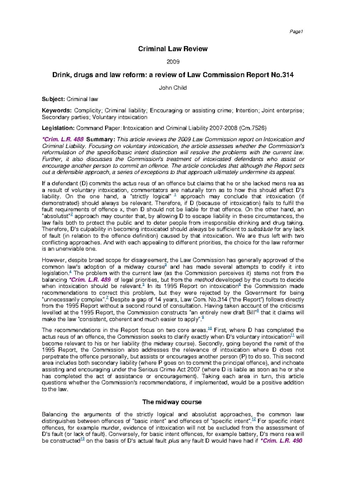 Intoxication paper - CLR - Criminal Law Review 2009 Drink, drugs and ...