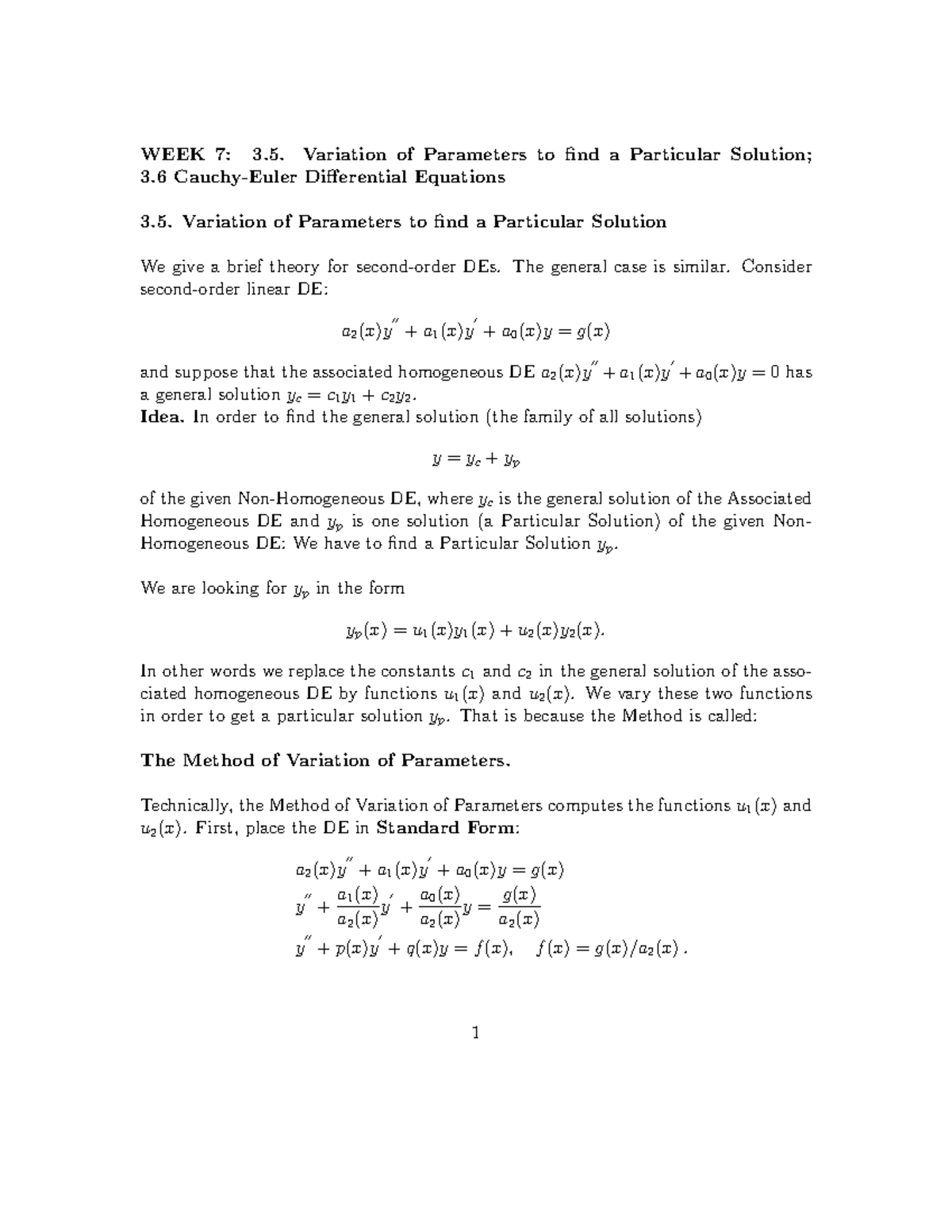 ENGR 213 - Lecture 07 - Variation of Parameters and Cauchy-Euler Equation - WEEK 7: 3. Variation ...