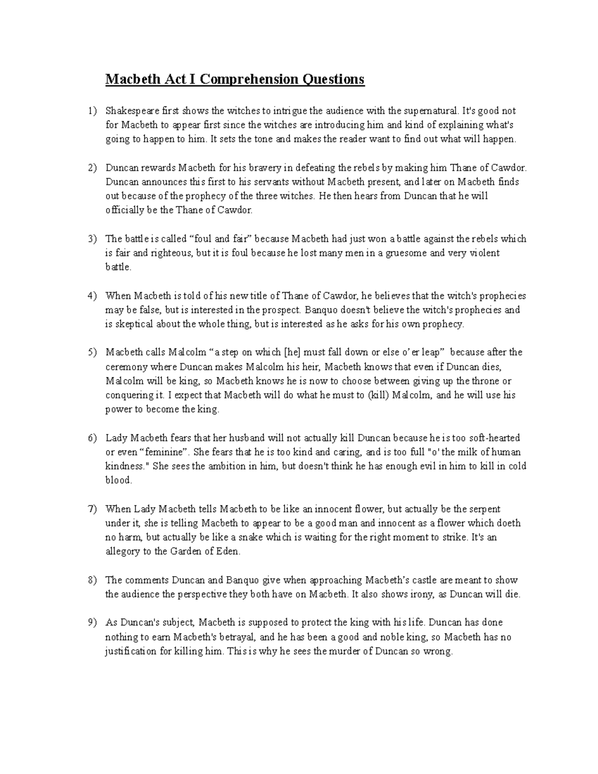 Macbeth Act I Comprehension Questions - It's good not for Macbeth to ...