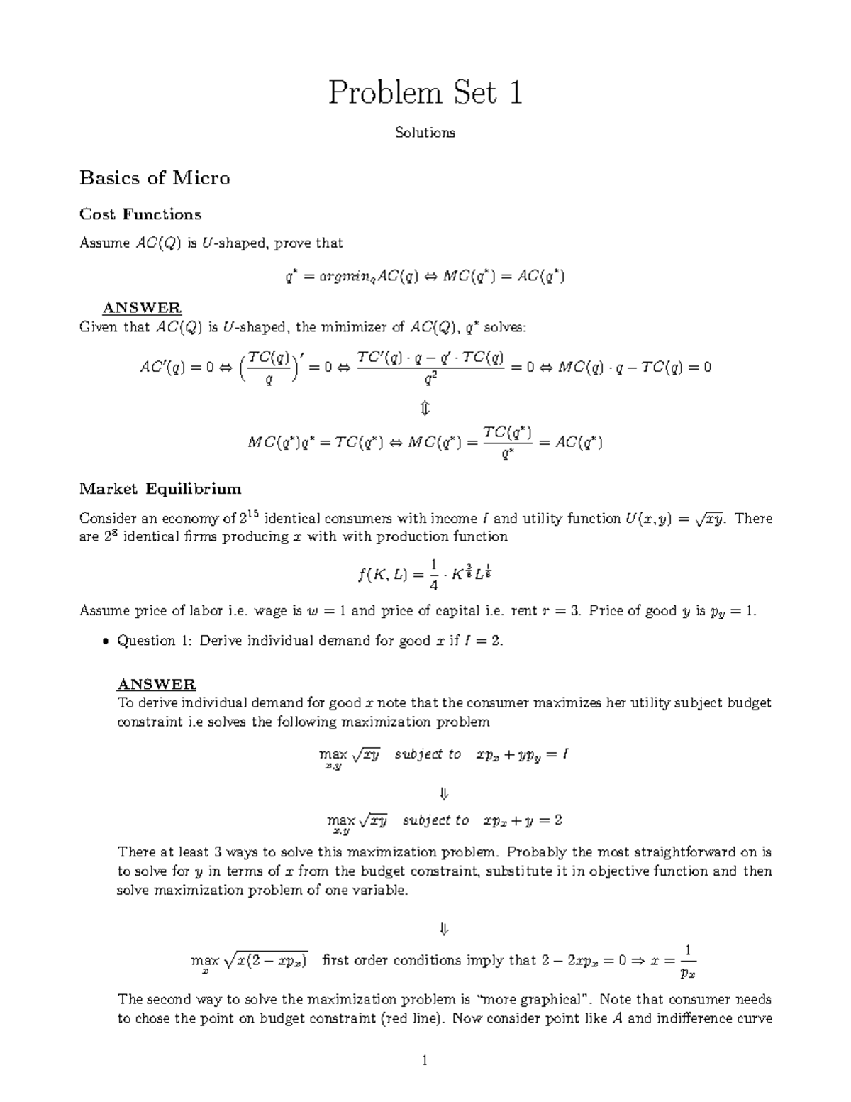 IO PS 1 Solutions - Problem Set 1 Solutions Basics of Micro Cost Functions Assume AC(Q) is U ...