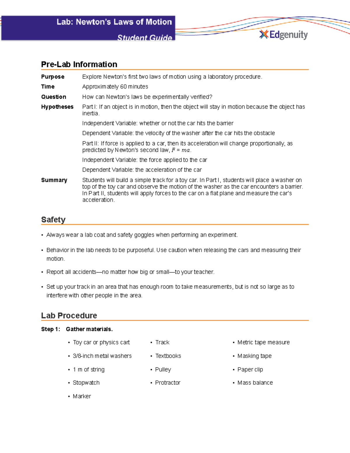 Lab-Newton's Laws of Motion-student guide - Pre-Lab Information Purpose Explore Newton’s first ...