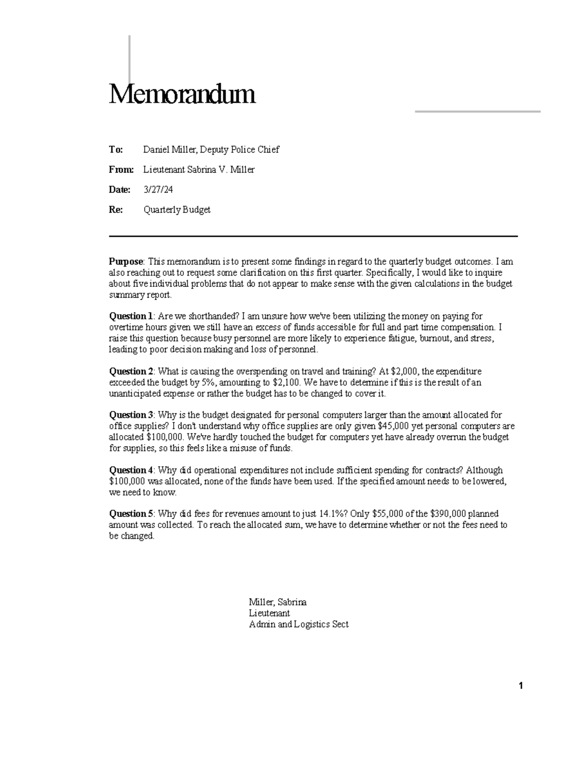 Budget Memo Template - Memorandum To: Daniel Miller, Deputy Police ...