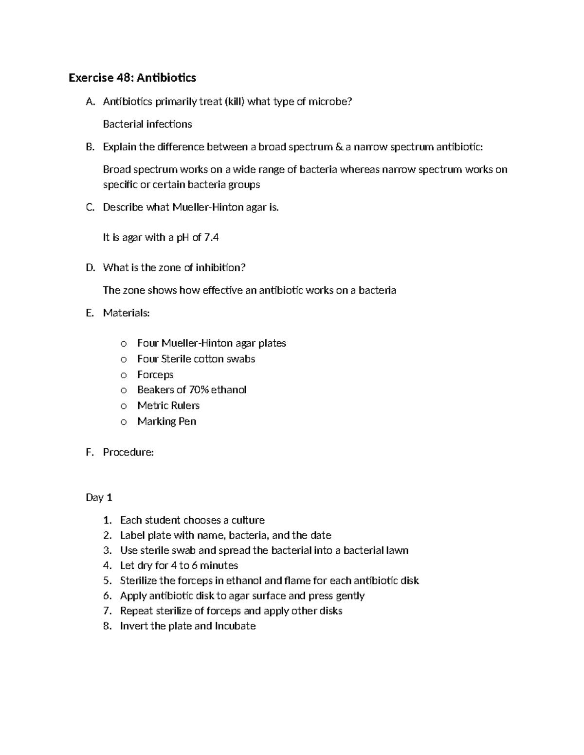 Rick pre-lab Antibiotic Kirby-Bauer - Exercise 48: Antibiotics A ...