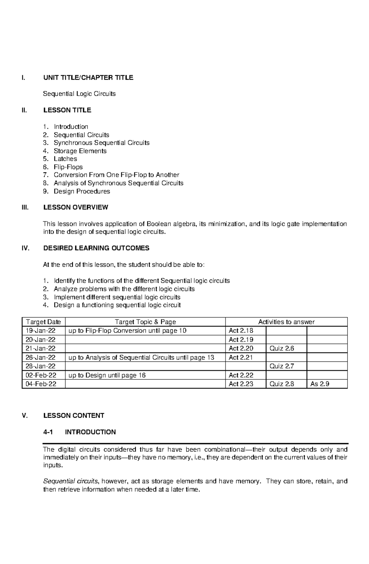 Logic Circuits And Switching Theory Lesson 4 I Unit Titlechapter Title Sequential Logic