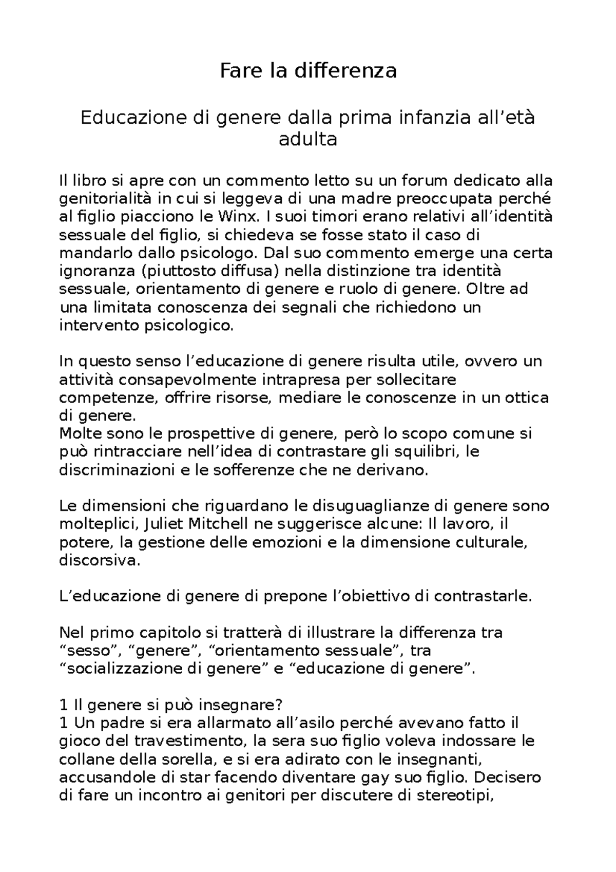 Fare la differenza - Riassunto della prima parte del libro - Fare la ...